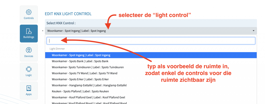 KNX Controls toevoegen en koppelen aan ruimtes - Domox